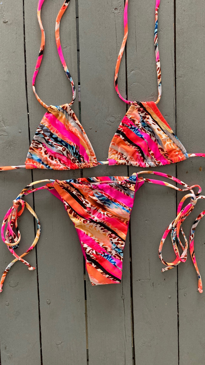 Pink and Brown Animal Print Double String Triangle Bikini Top ...