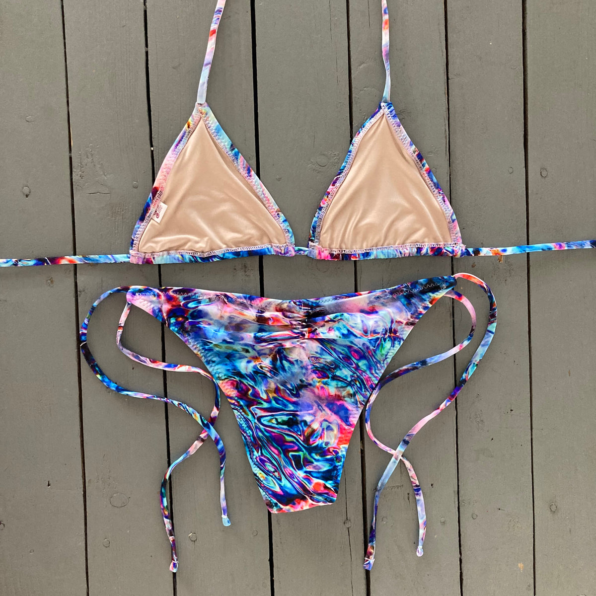 Blue and Pink Water Print Spaghetti Ties Bikini Bottom – JillesBikinis